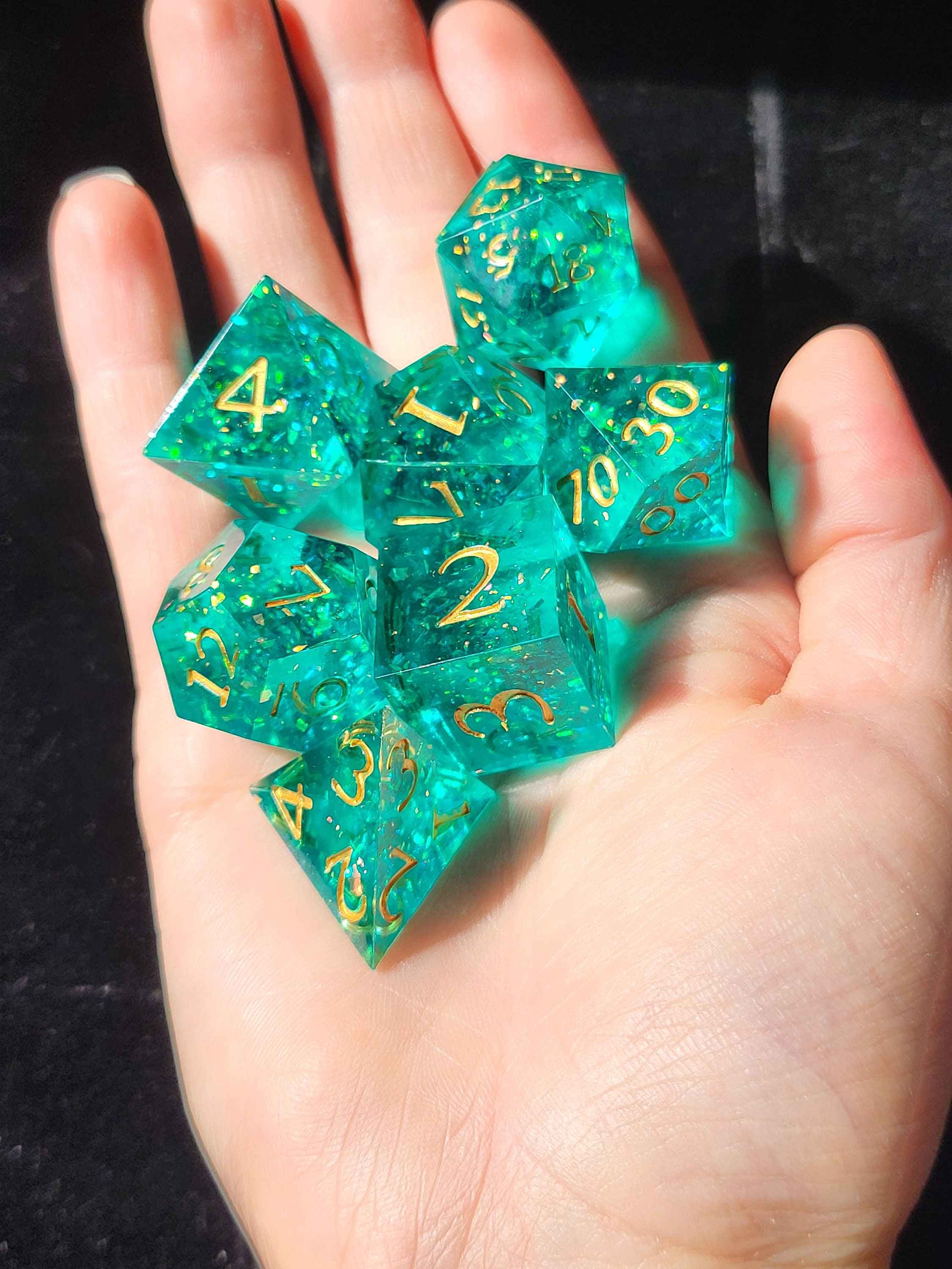 Dnd Sharp Edge Epoxy Engraved Dice Set, Emerald Green - Etsy