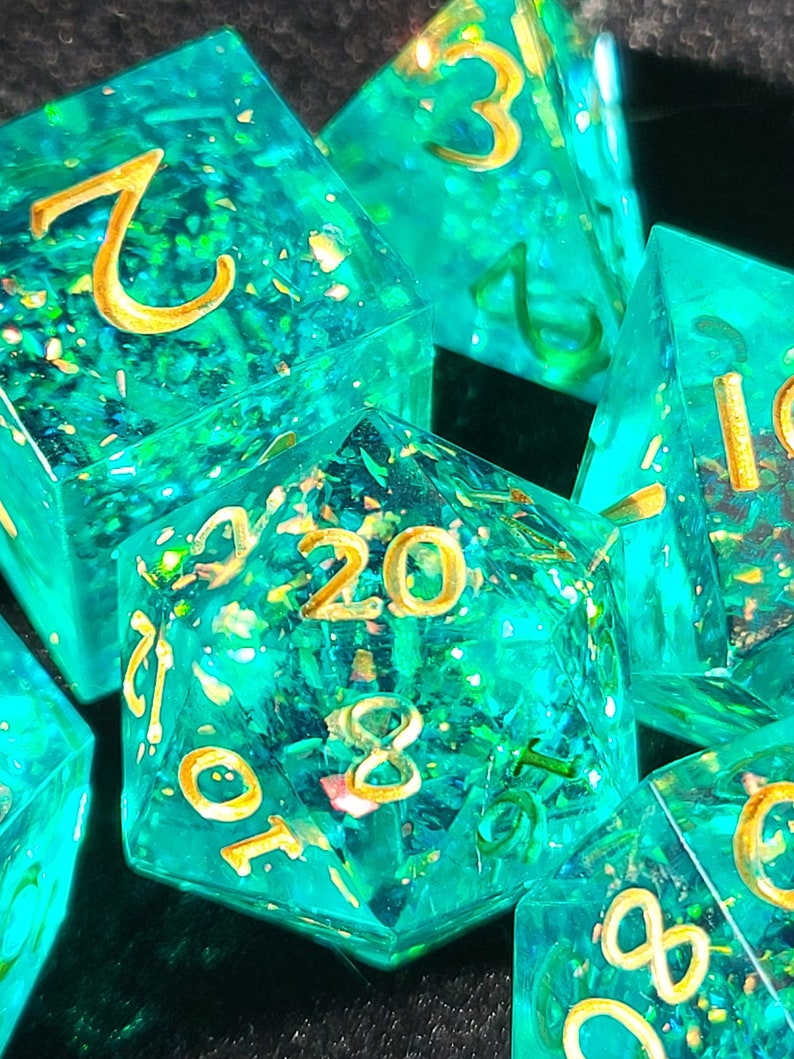 Dnd Sharp Edge Epoxy Engraved Dice Set, Emerald Green - Etsy