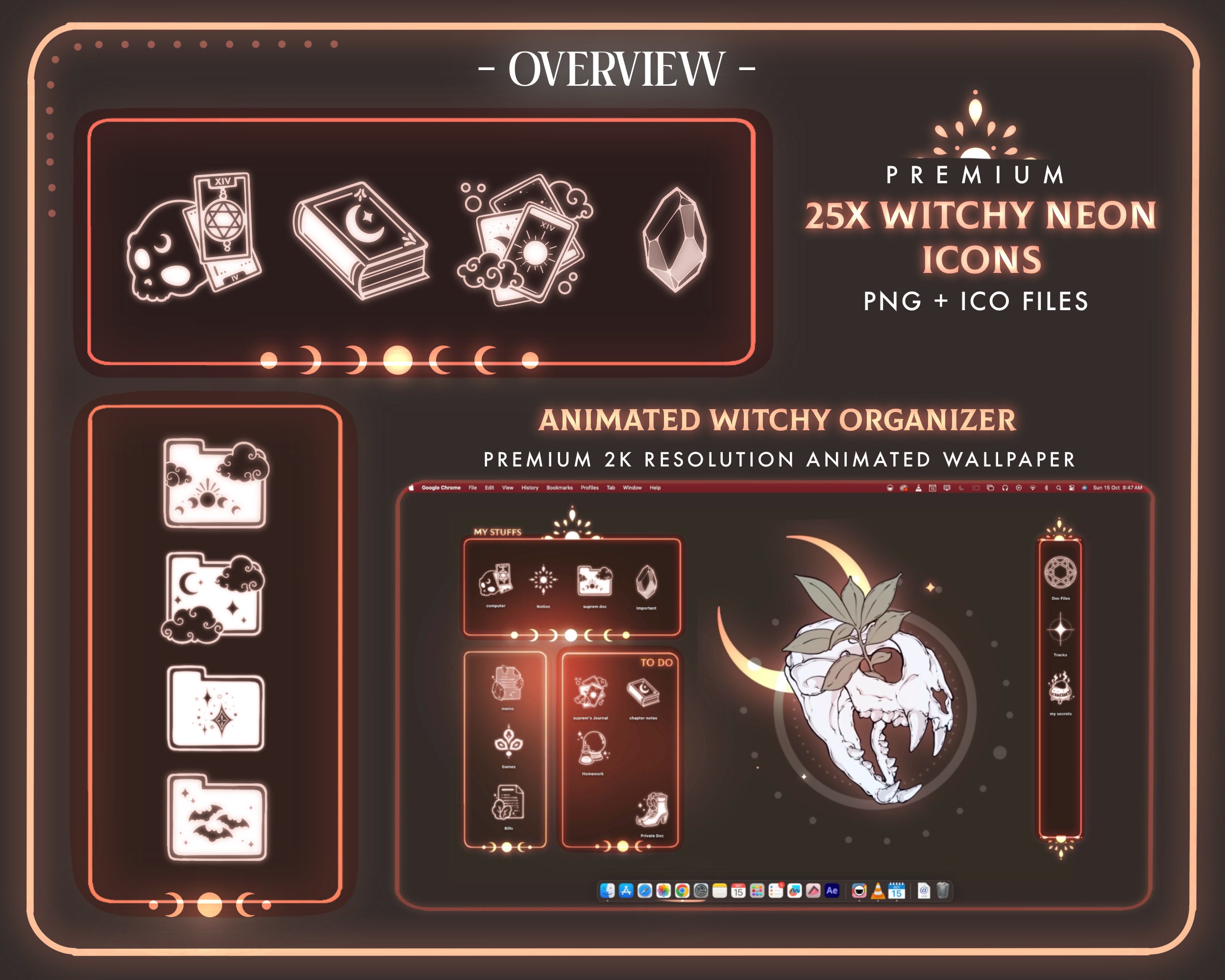 Celestial Neon Witchy Desktop Theme Background Wallpaper Organizer Set ...