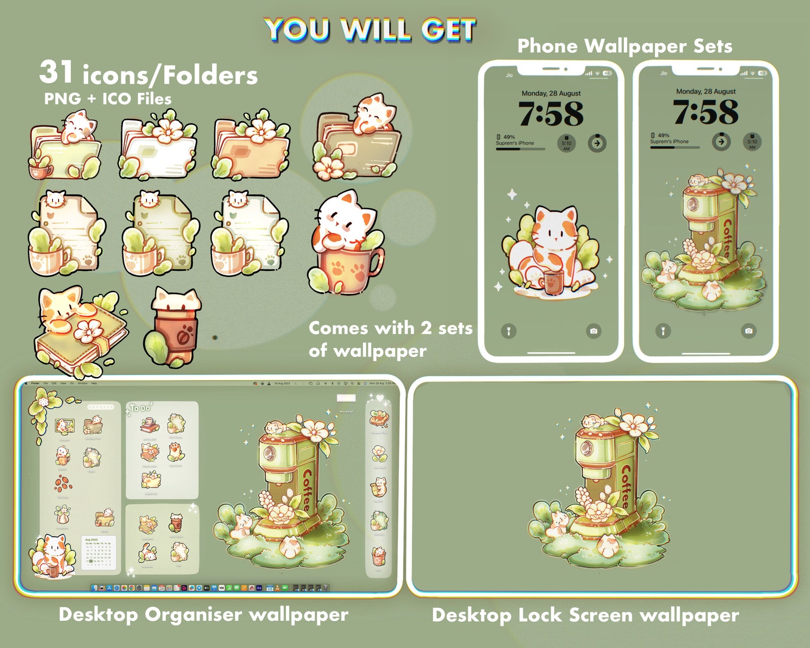 Coffee Cat Desktop Theme Background Wallpaper Organizer Set | Lofi ...