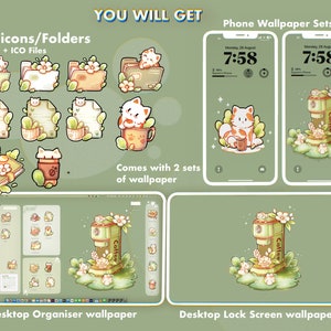 Coffee Cat Desktop Theme Background Wallpaper Organizer Set | Lofi ...