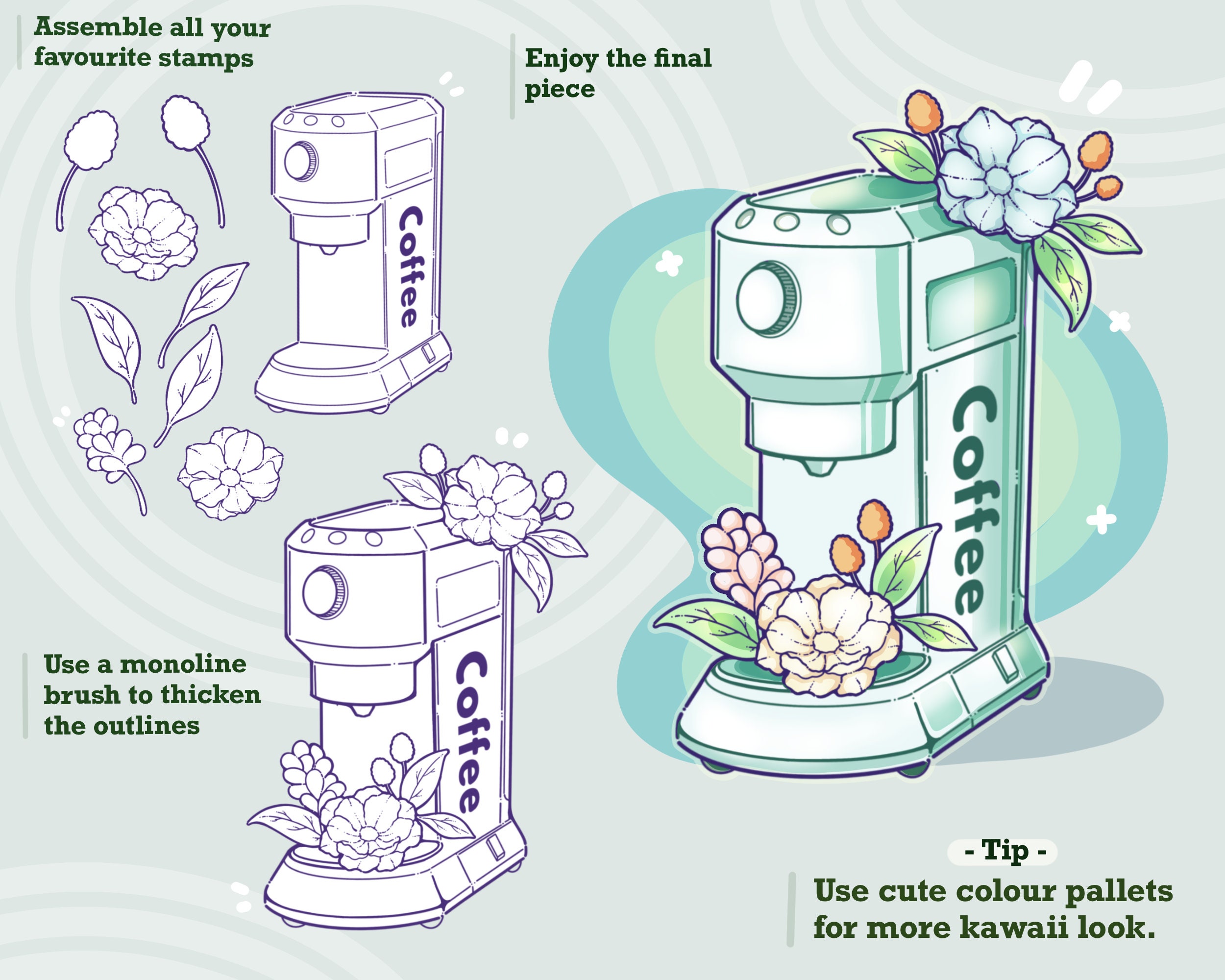 Kawaii Florals Procreate Stamp Brushes Kawaii Procreate - Etsy