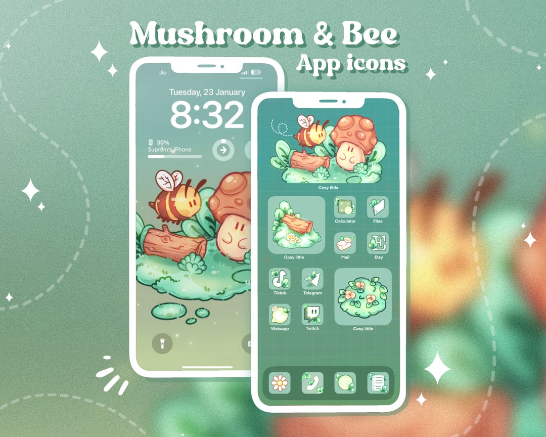Mushroom & Bee App Icon Set | Cute Hand Drawn App Icon Widget Wallpaper ...