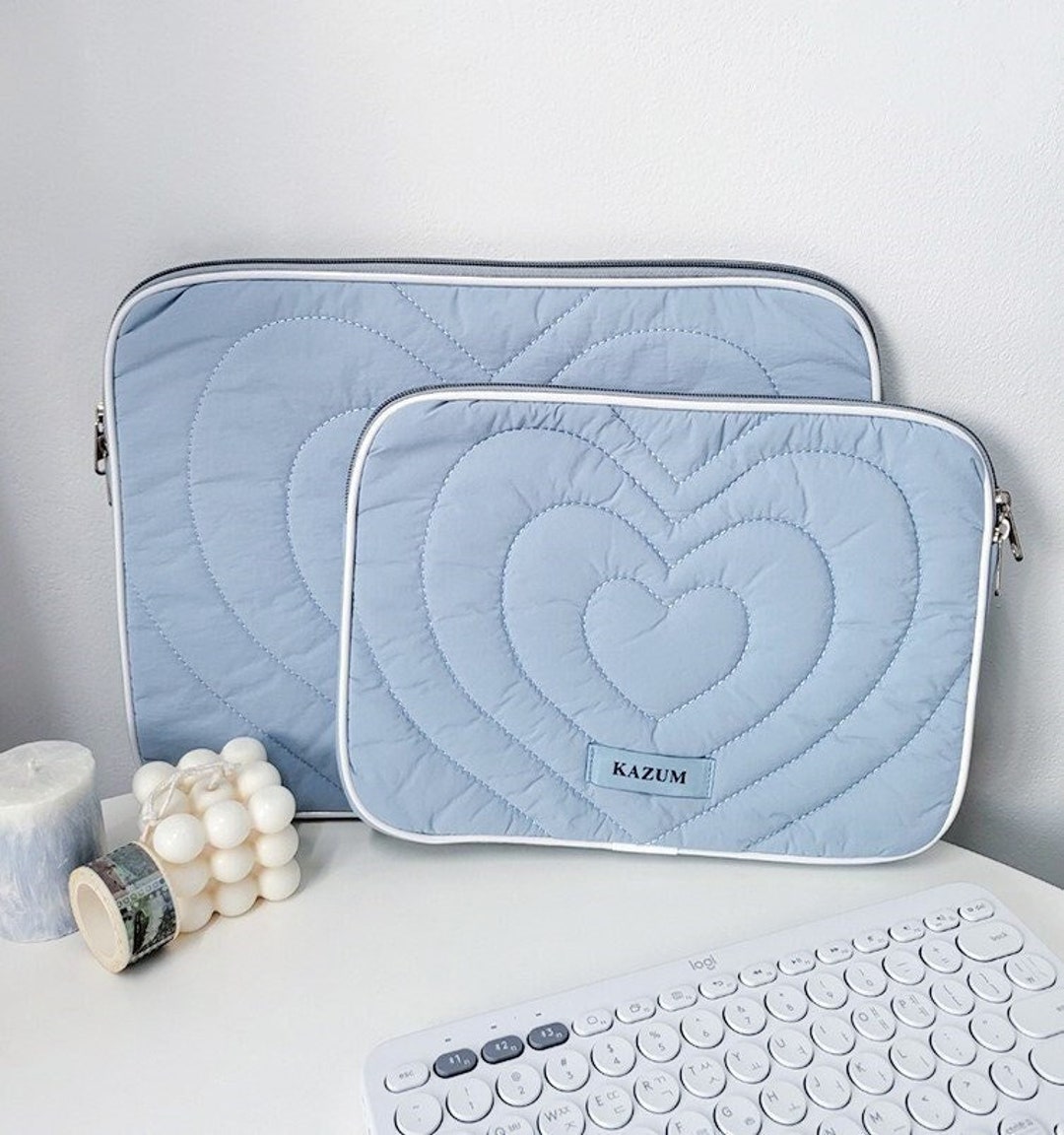 13"/15" Sky Blue Quilted Heart Laptop Sleeve | Cute MacBook Pouch ...