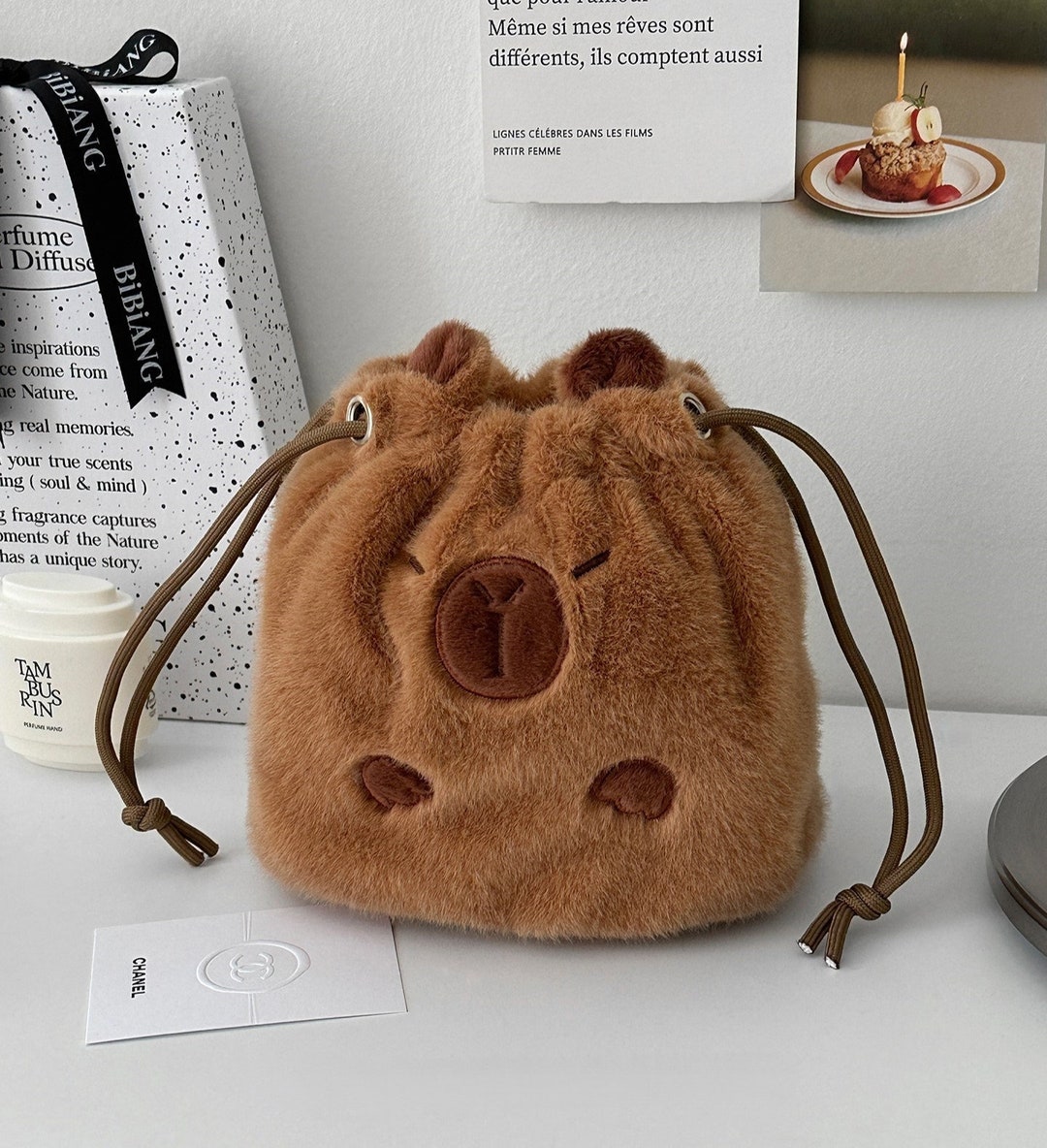 Capybara Drawstring Pouch | Cute Fluffy Makeup Bag, Kawaii Cable Pouch, Washable Cosmetic Pouch ...