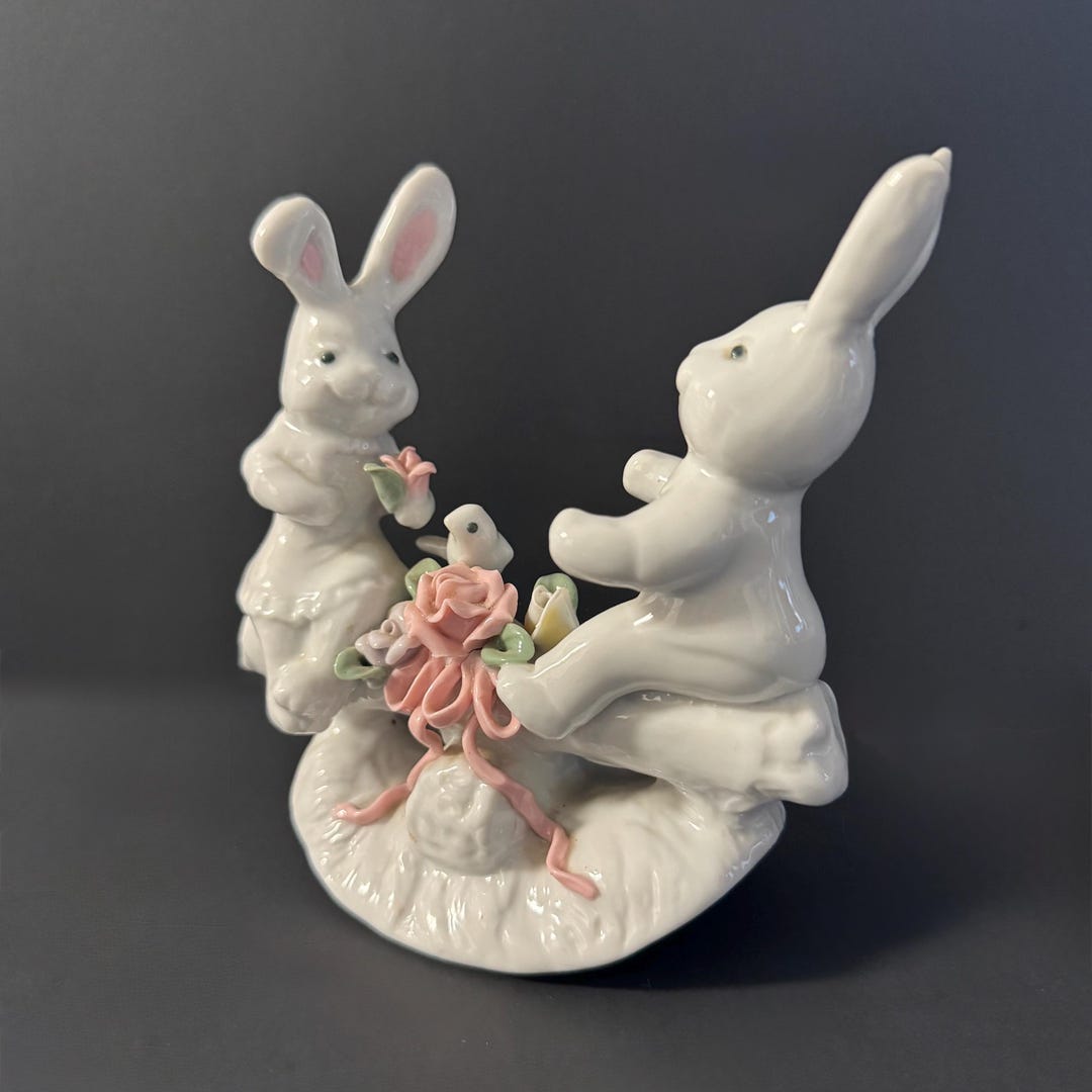 Porcelain Bunny Rabbit Figurines / Two White Rabbits on a Seesaw - Etsy