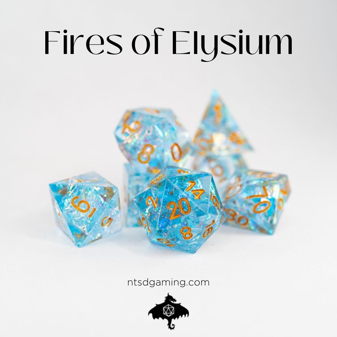 Fires of Elysium Ice Blue 7 Piece Sharp Edge Resin Polyhedral Dice Set ...