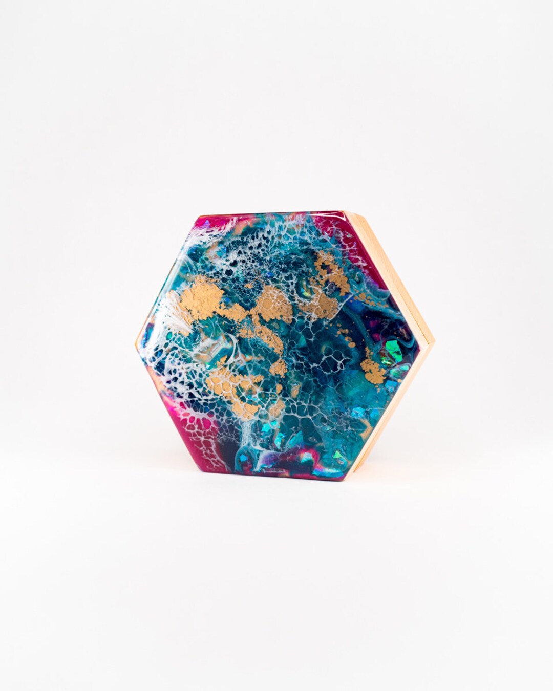 Resin Topped Wooden Hexagon Dice Vault Hand-poured 7 Piece Sharp Edge ...