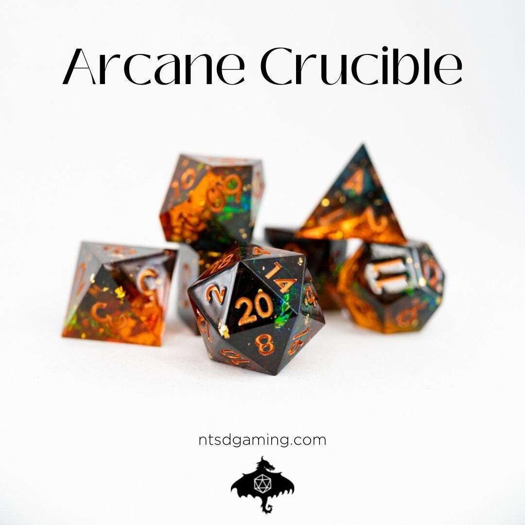 Arcane Crucible Black and Orange 7 Piece Sharp Edge Resin Polyhedral ...