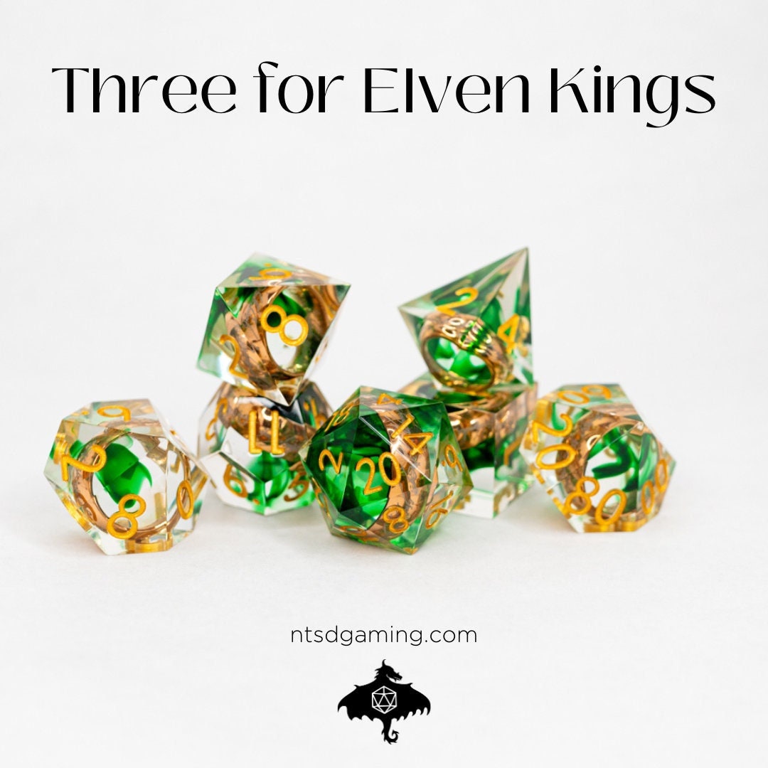 Three for Elven Kings Gold Ring Inclusion 7 Piece Sharp Edge Resin Dice ...