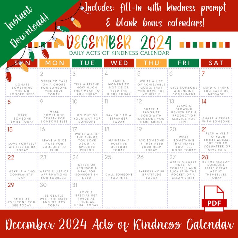 December 2024 Daily Acts of Kindness Calendar Printable, Daily Act of ...