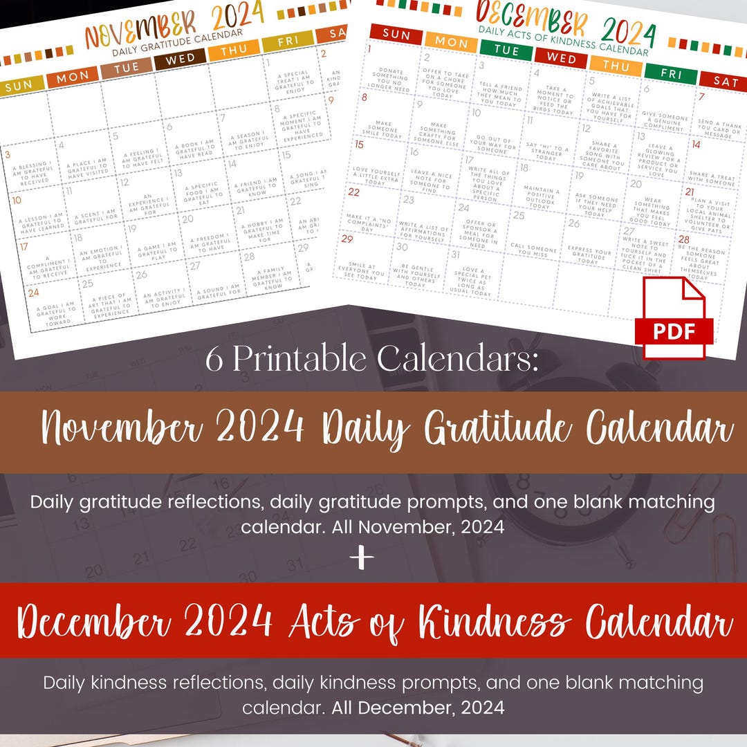 November 2024 Daily Gratitude Calendar Printable and December 2024 ...