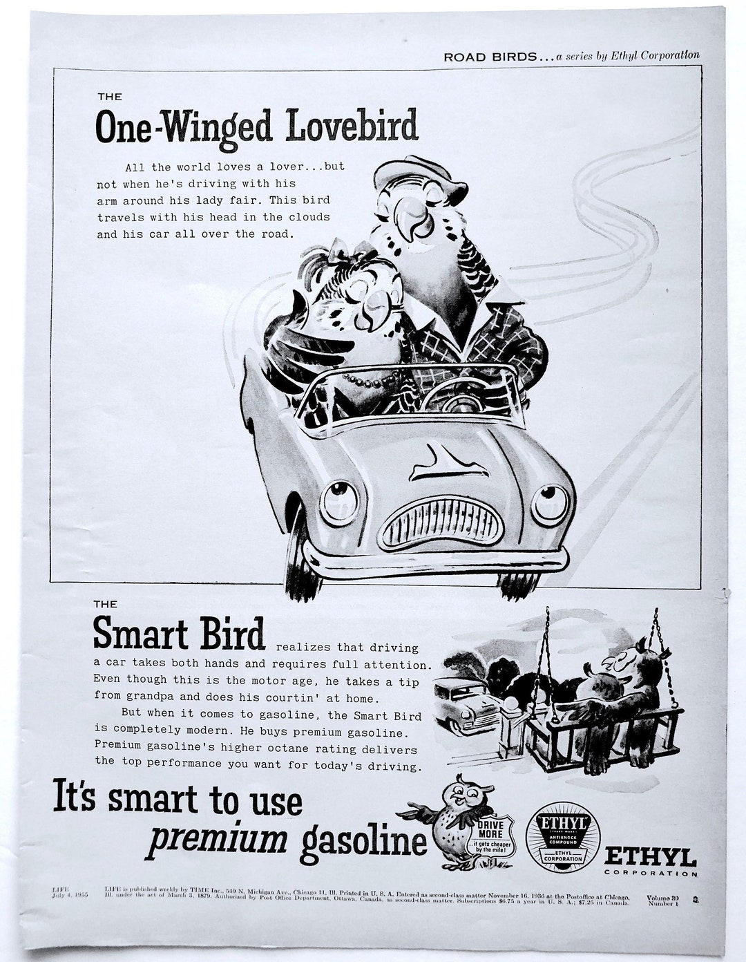 Rare 1955 Ethyl Love Birds Driving A Car - Magazine Advertisement ...