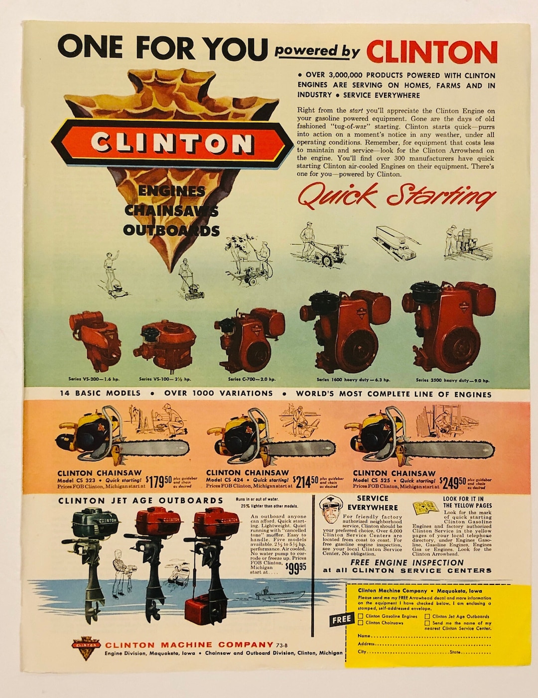 Rare 1955 Clinton Engines - Original Magazine Advertisement. Original ...