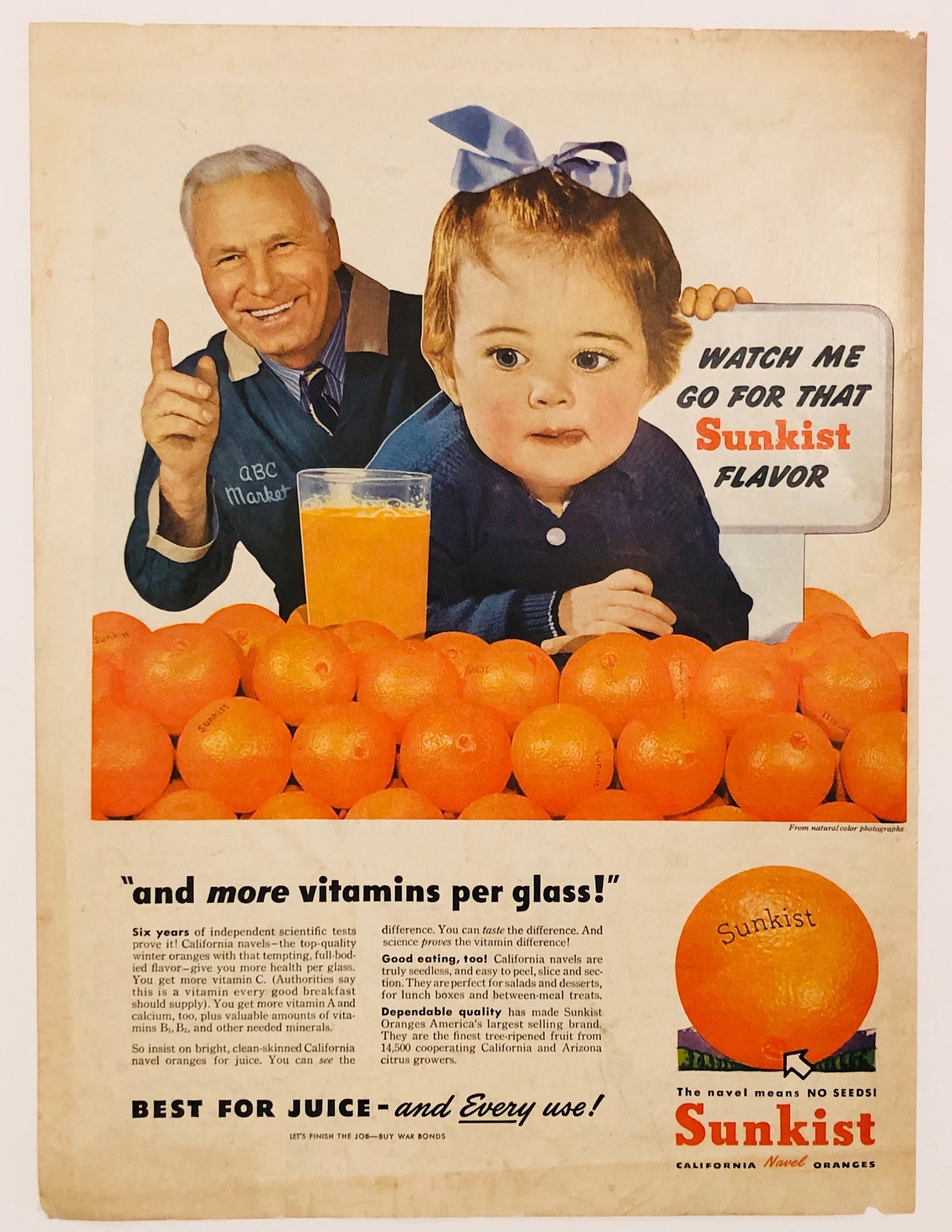Rare 1944 Sunkist Orange Juice Magazine Advertisement. Original Vintage ...