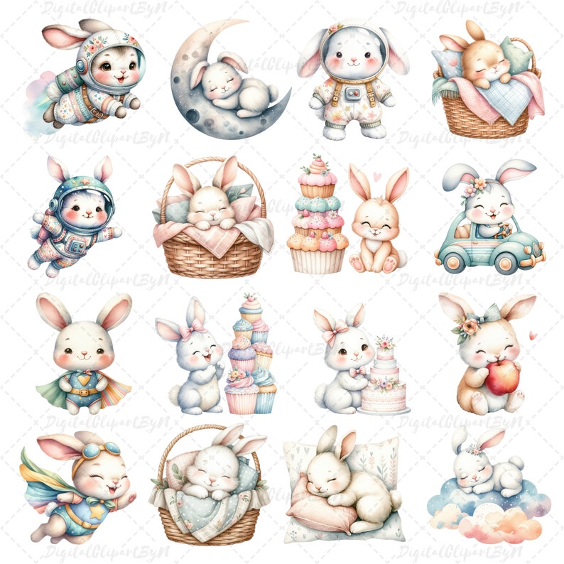 Baby Bunny Whimsical Clipart, Watercolor Rabbit PNG, Nursery Decor ...