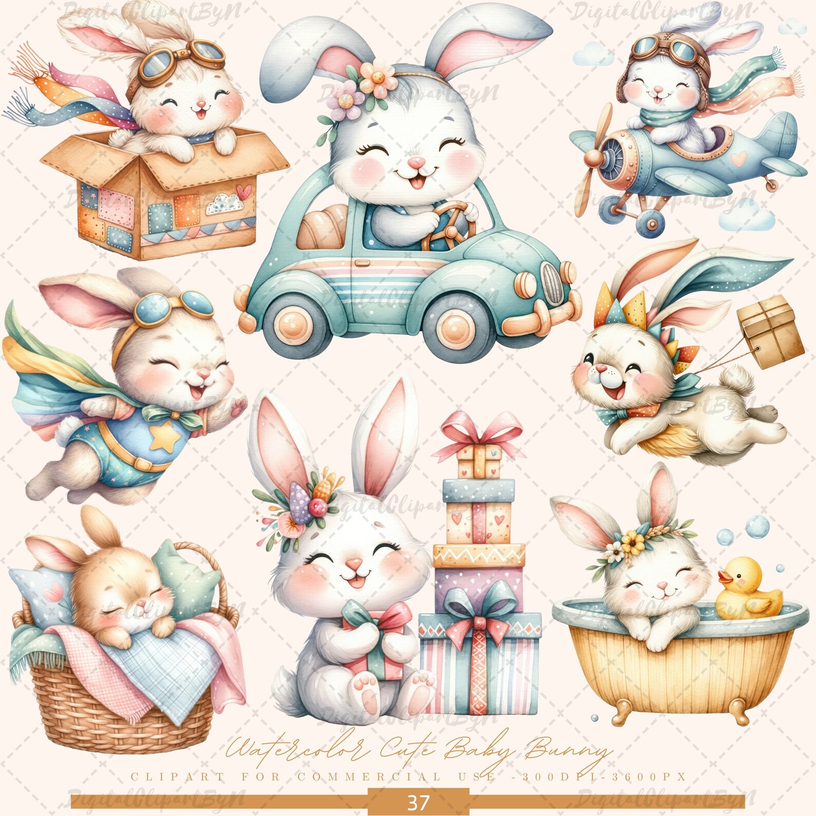 Baby Bunny Whimsical Clipart, Watercolor Rabbit PNG, Nursery Decor ...