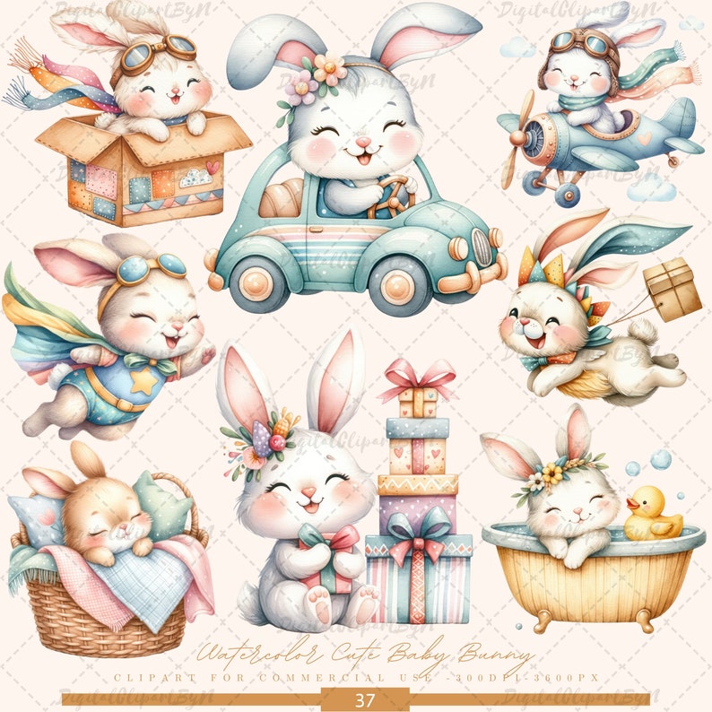 Baby Bunny Whimsical Clipart, Watercolor Rabbit PNG, Nursery Decor ...