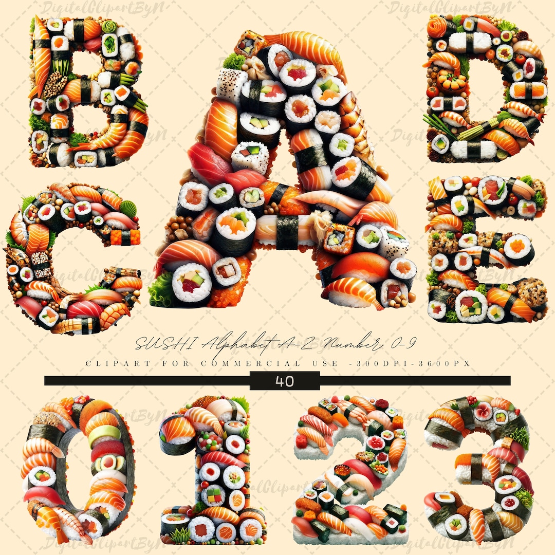 SUSHI Food Alphabet A-Z Number 0-9 Bundle Clipart , SUSHI Alphabet ...