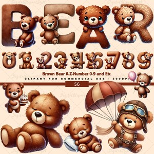 Brown Bear Clipart A-Z, Numbers 0-9, Cute Animal Alphabet Bundle , Bear ...