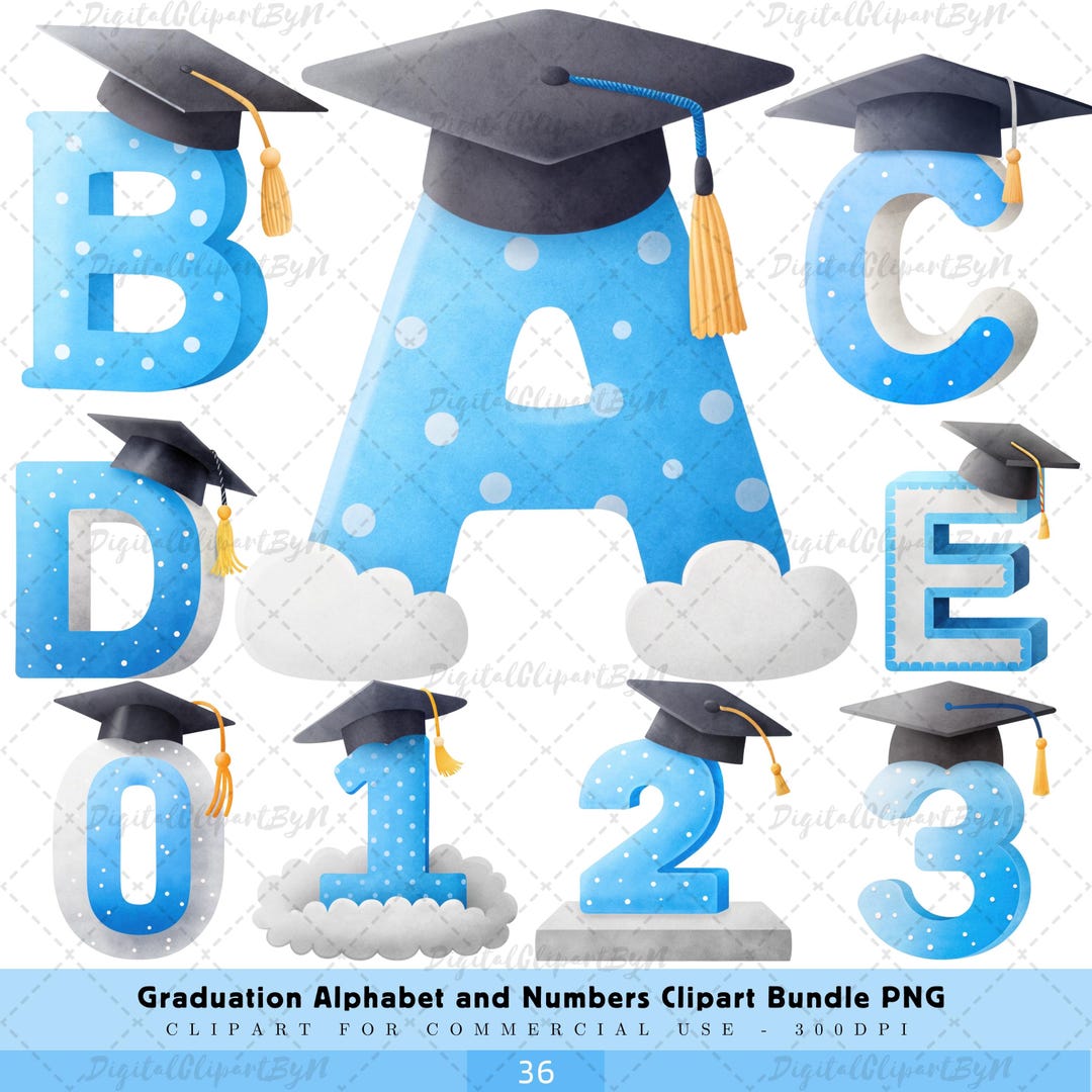 Graduation Alphabet Letters A-Z and Numbers 0-9 S Clipart PNG L ...