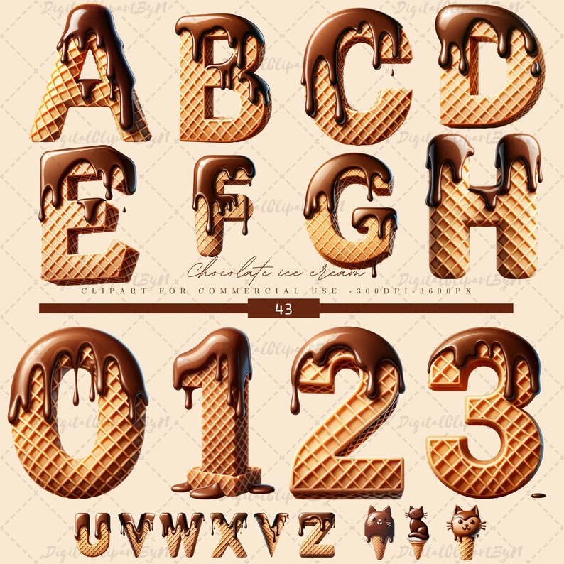 Chocolate Wafer Ice Cream Alphabet A-Z Number 0-9 Bundle Clipart , Ice ...