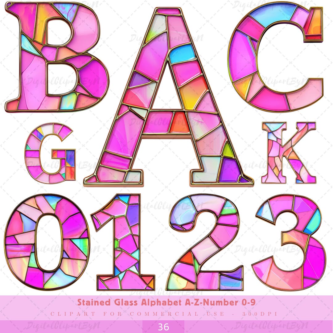 Stained Glass Alphabet & Numbers Clipart – Colorful Mosaic Letters PNG ...