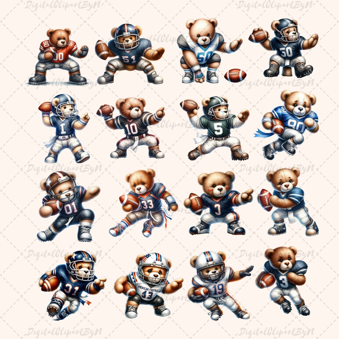 Baby American Football Teddy Bear Clipart ,watercolor Sports Bears ...
