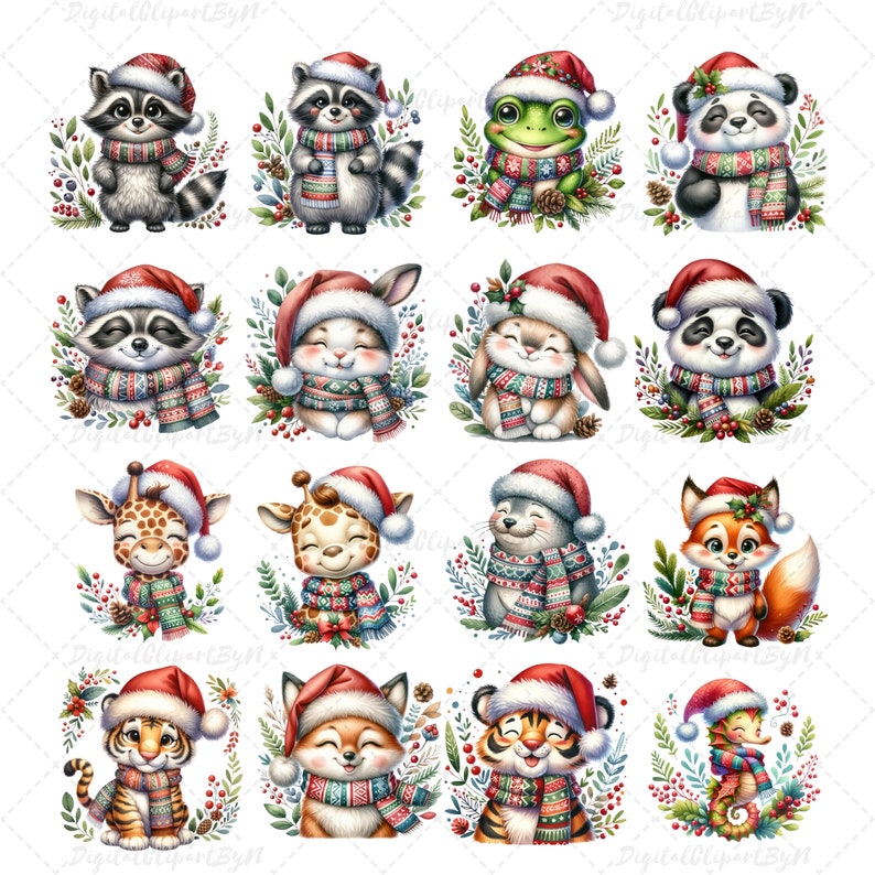 Christmas Animal Clipart Set ,festive Watercolor Cute Animals With ...