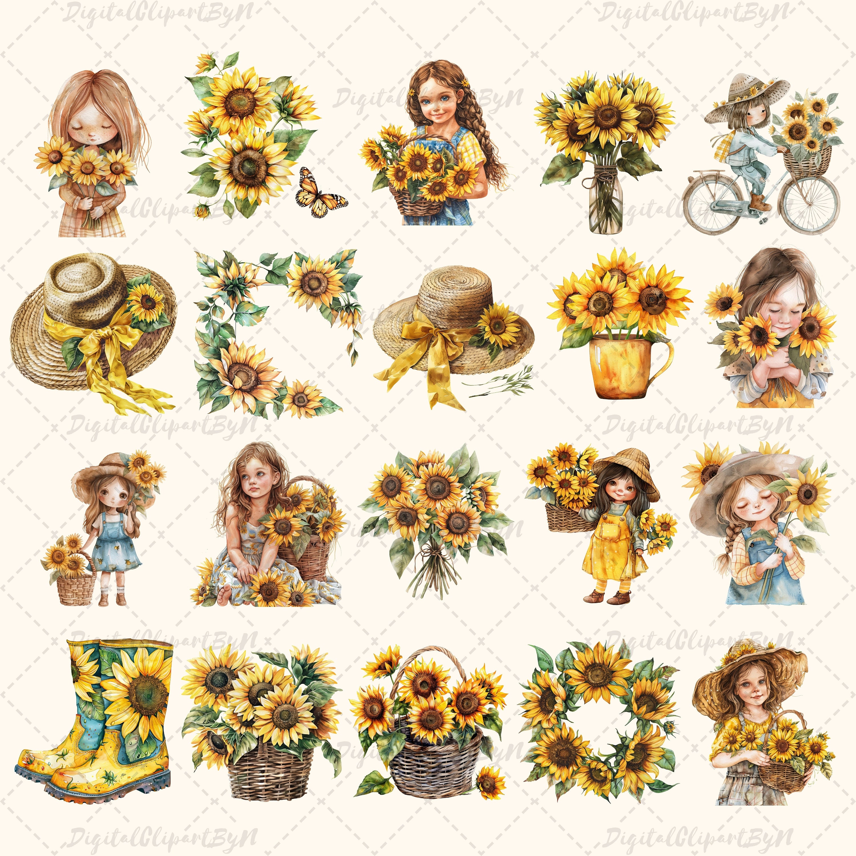 Charming Little Girl With Sunflowers Clipart L Scrapbooking L DIY ...