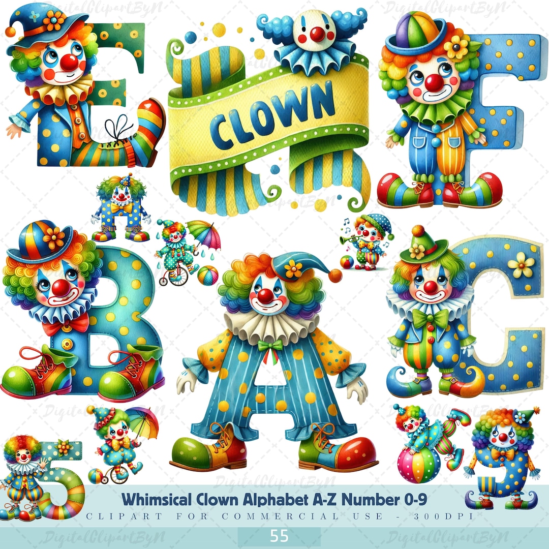 Whimsical Clown Alphabet and Numbers Letters A-Z, Numbers 0-9 Clipart ...