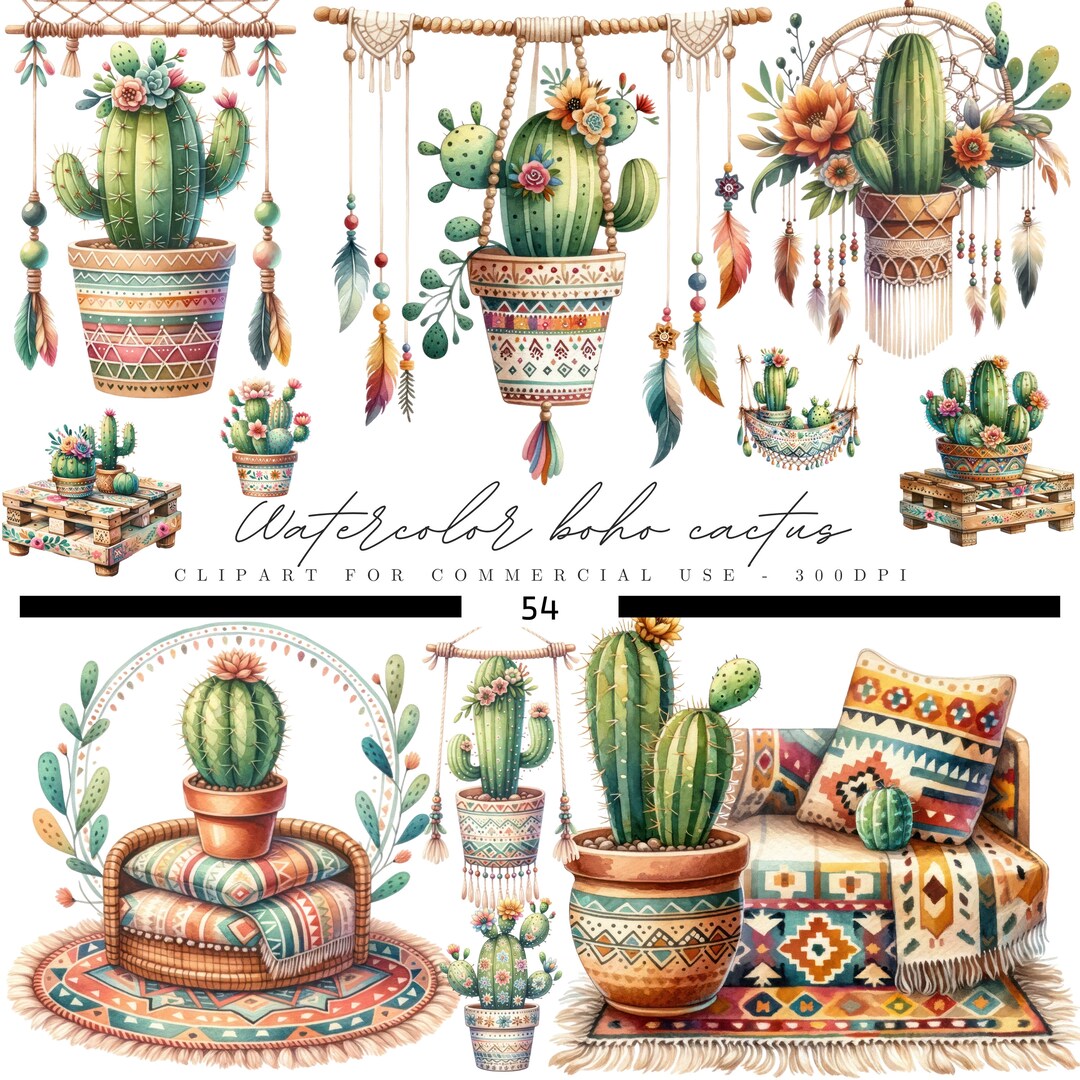 Watercolor Cactus Clip Art Bundle, Planner Cactus Decor, Bohemian ...