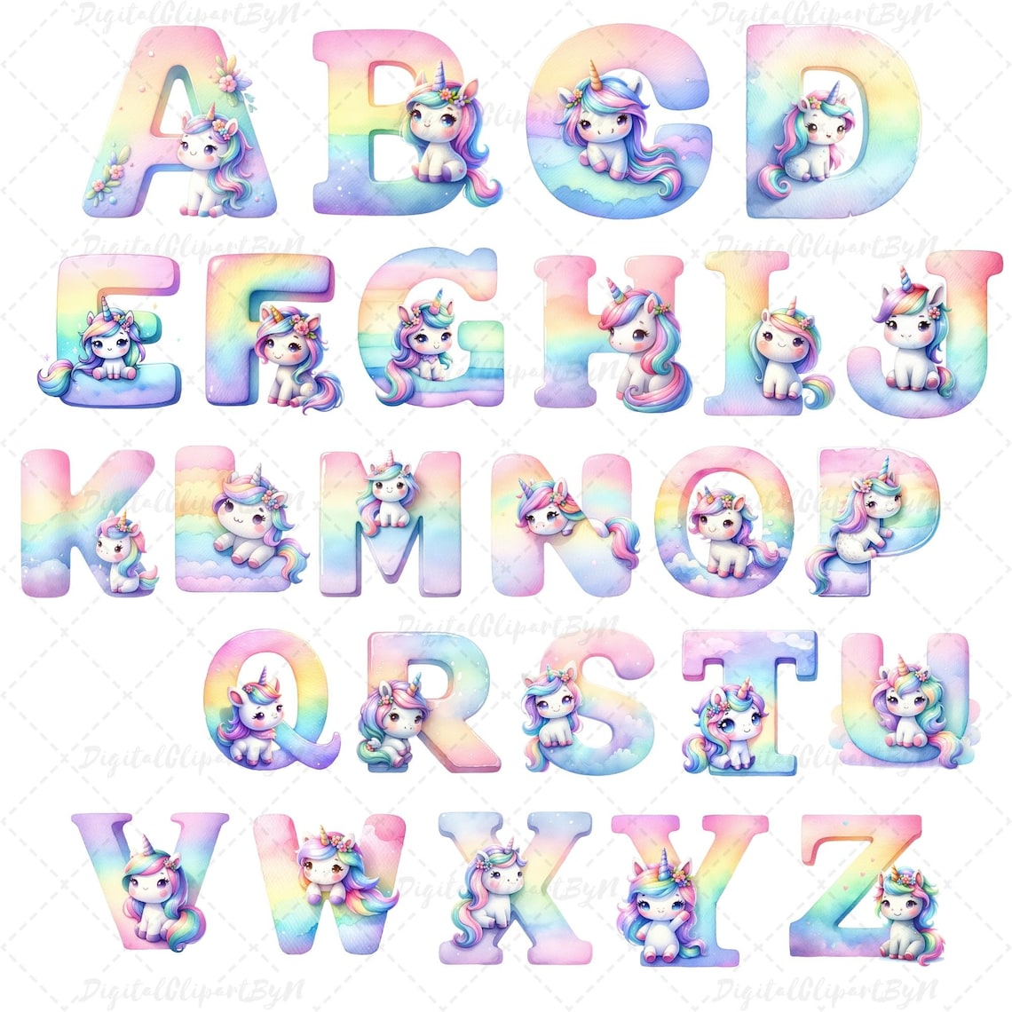 Cute Unicorn Alphabet A-Z Number 0-9 Bundle, Unicorn Alphabet Clipart ...