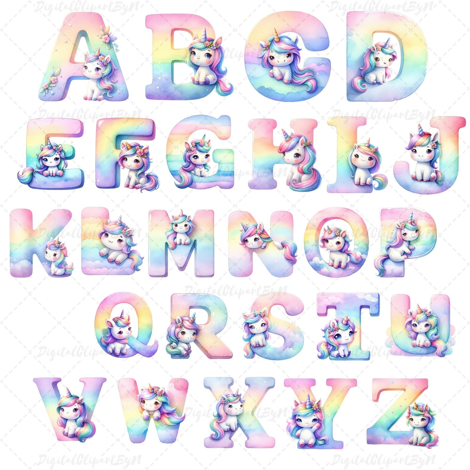 Cute Unicorn Alphabet A-Z Number 0-9 Bundle, Unicorn Alphabet Clipart ...