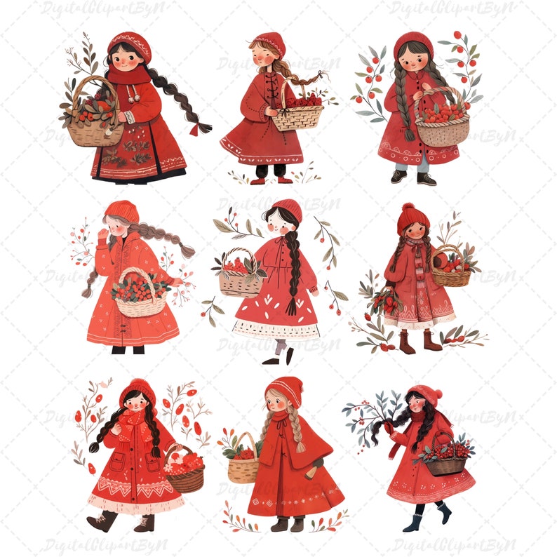 Watercolor Girl Red Coat Carrying a Basket of Berries Clipart, Perfect ...