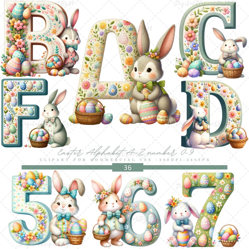 Easter Bunny Alphabet A-Z Number 0-9 Bundle Clipart, Printable Alphabet ...