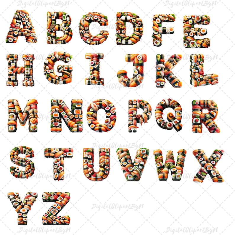 SUSHI Food Alphabet A-Z Number 0-9 Bundle Clipart , SUSHI Alphabet ...