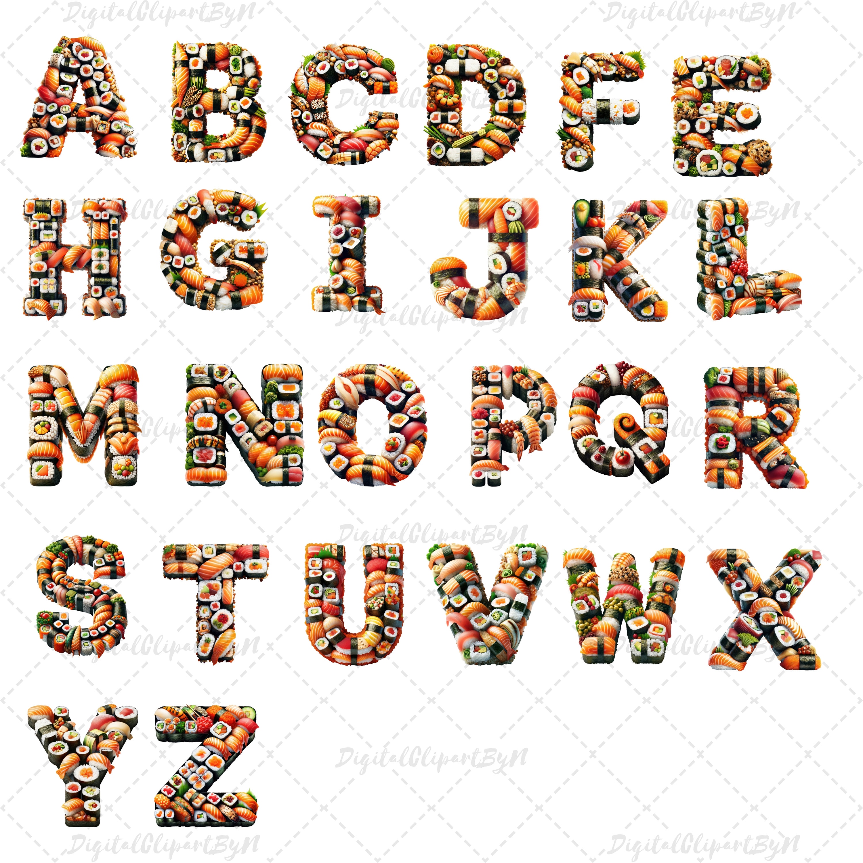 SUSHI Food Alphabet A-Z Number 0-9 Bundle Clipart , SUSHI Alphabet ...