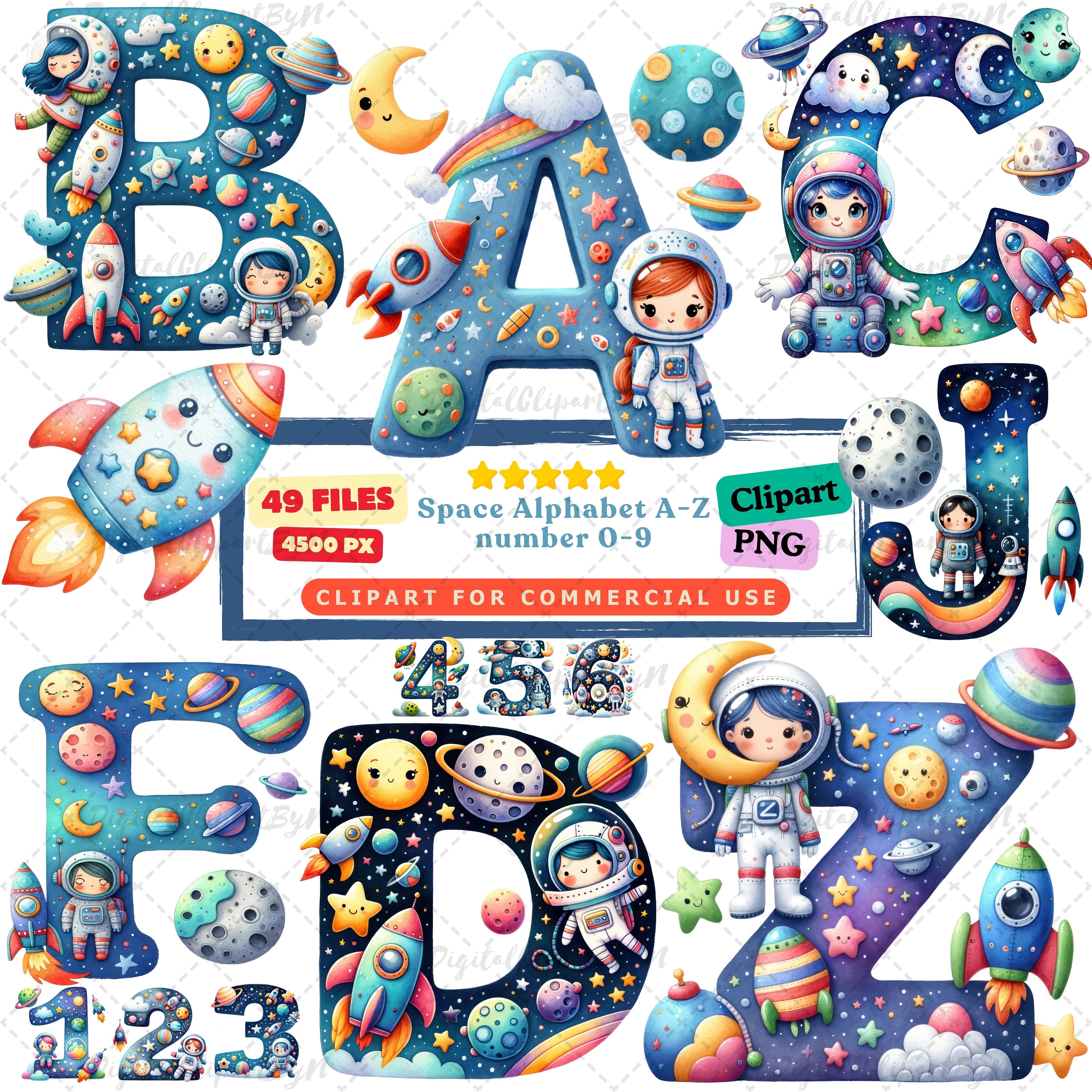Watercolor Space Alphabet A-Z Number 0-9 Bundle, Space Alphabet Clipart ...