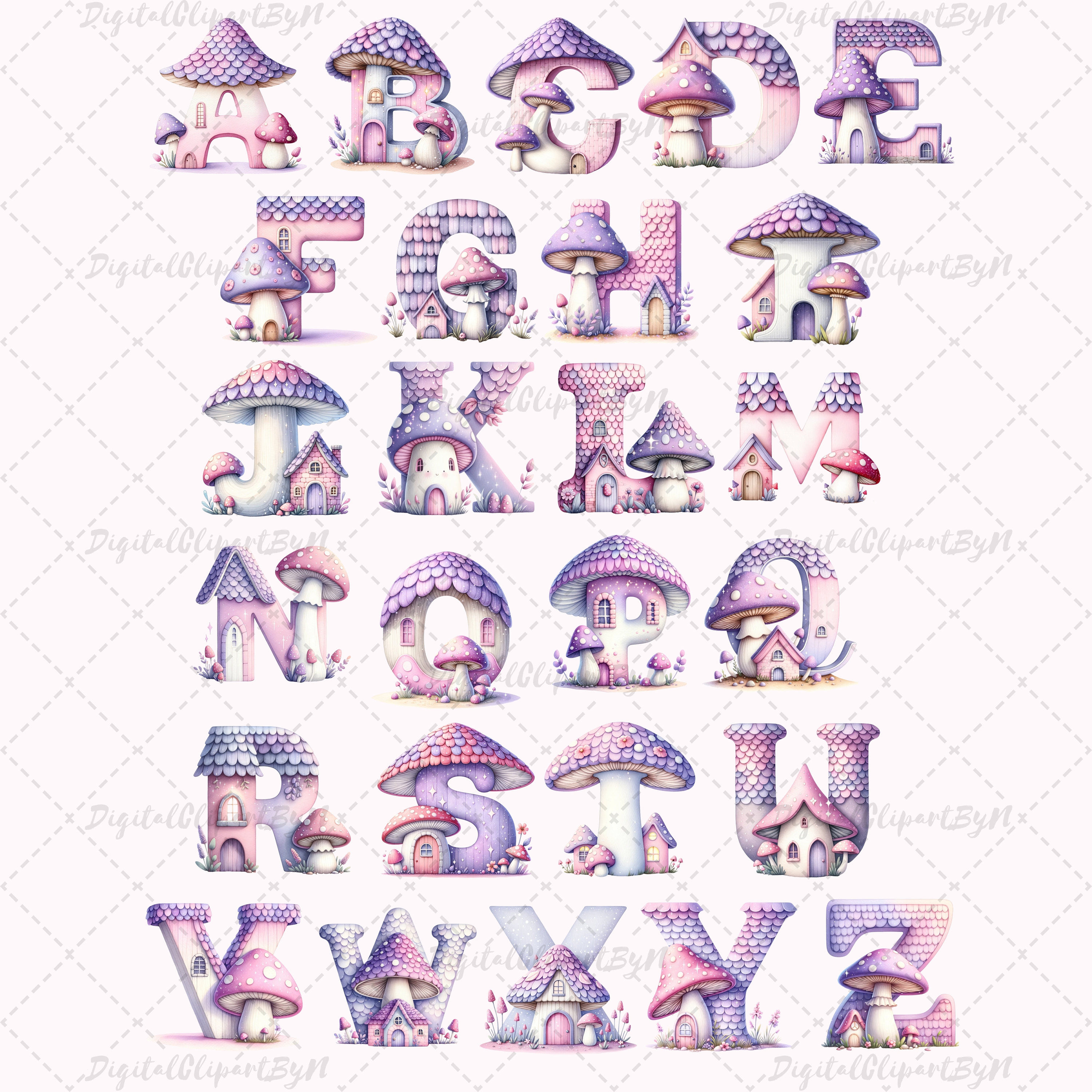 Toadstools and Fairy Alphabet A-Z Number 0-9 , Purple Toadstools Letter ...
