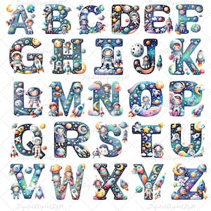 Watercolor Space Alphabet A-Z Number 0-9 Bundle, Space Alphabet Clipart ...