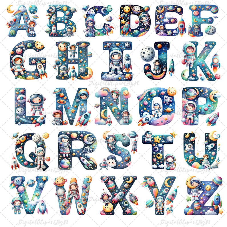Watercolor Space Alphabet A-Z Number 0-9 Bundle, Space Alphabet Clipart ...