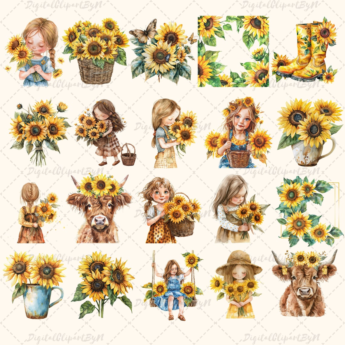 Charming Little Girl With Sunflowers Clipart L Scrapbooking L DIY ...
