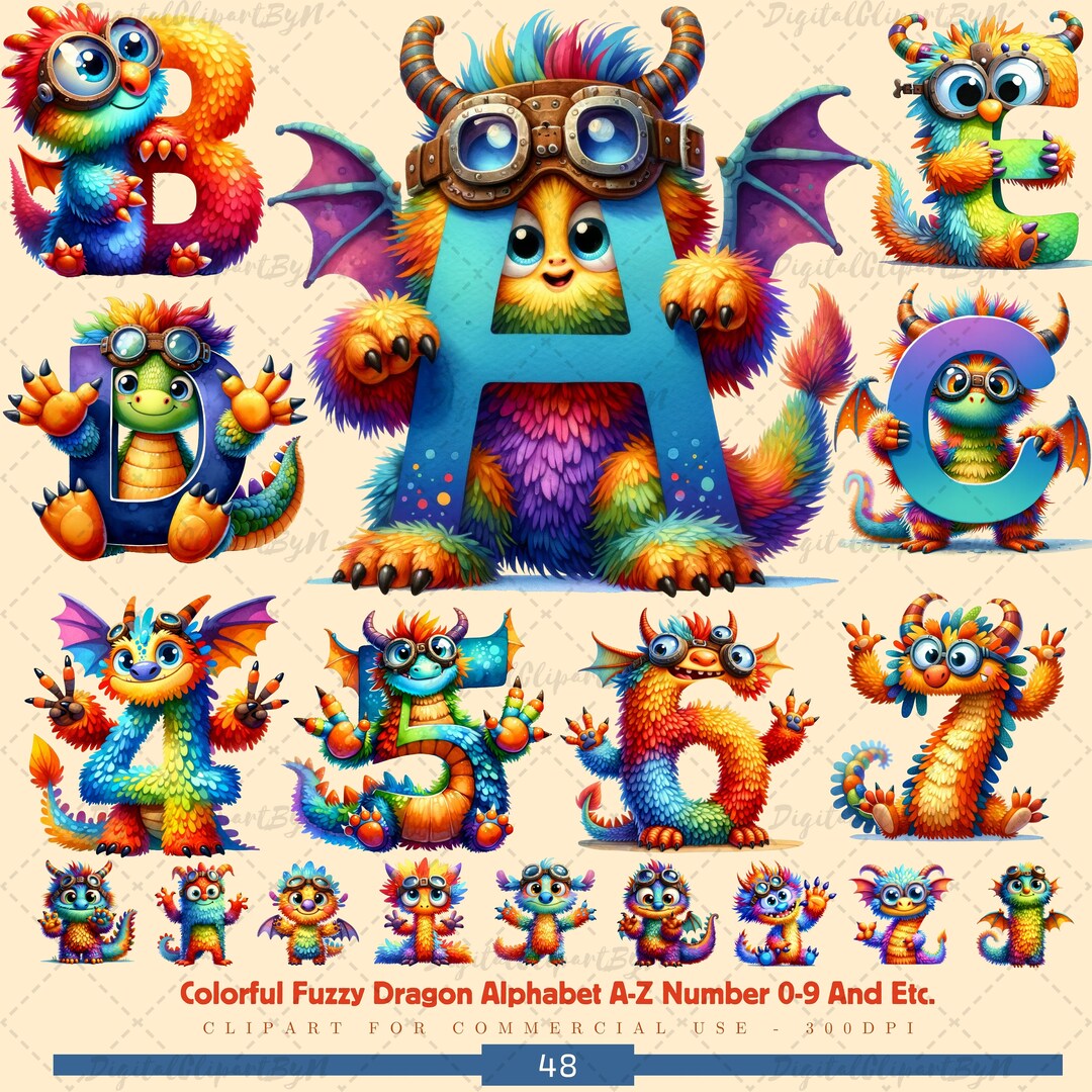 Colorful Fuzzy Dragon Alphabet A-Z Number 0-9 Bundle , Colorful Dragon ...