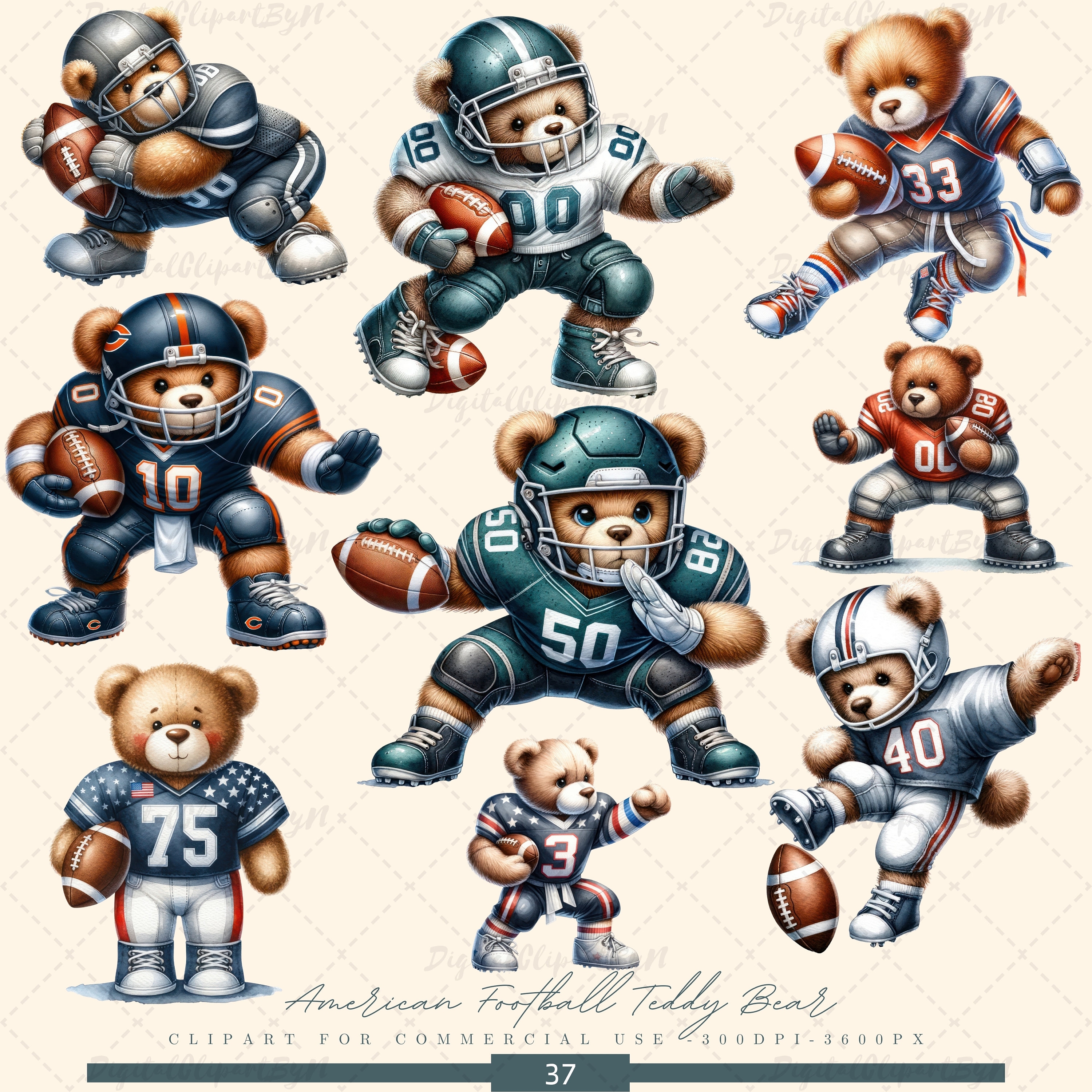 Baby American Football Teddy Bear Clipart ,watercolor Sports Bears ...