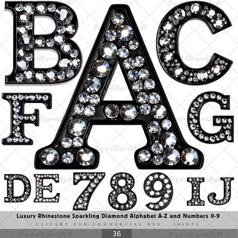 Luxury Rhinestone Alphabet A-Z Letters Numbers 0-9 Clipart – Sparkling ...