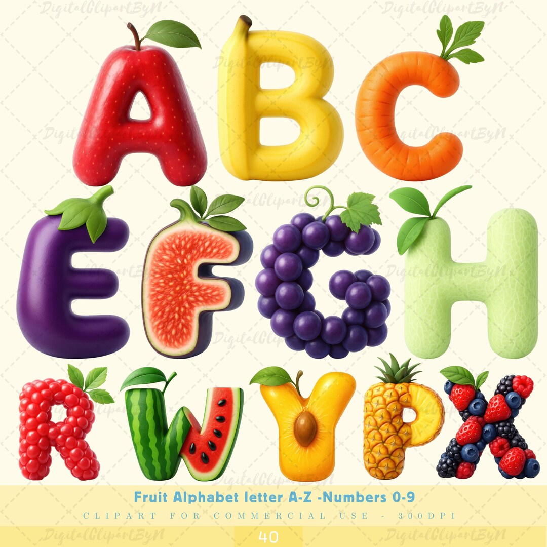 Fruit Alphabet A-Z PNG Clipart – Cute Fruity Letters for Kids, Nursery ...