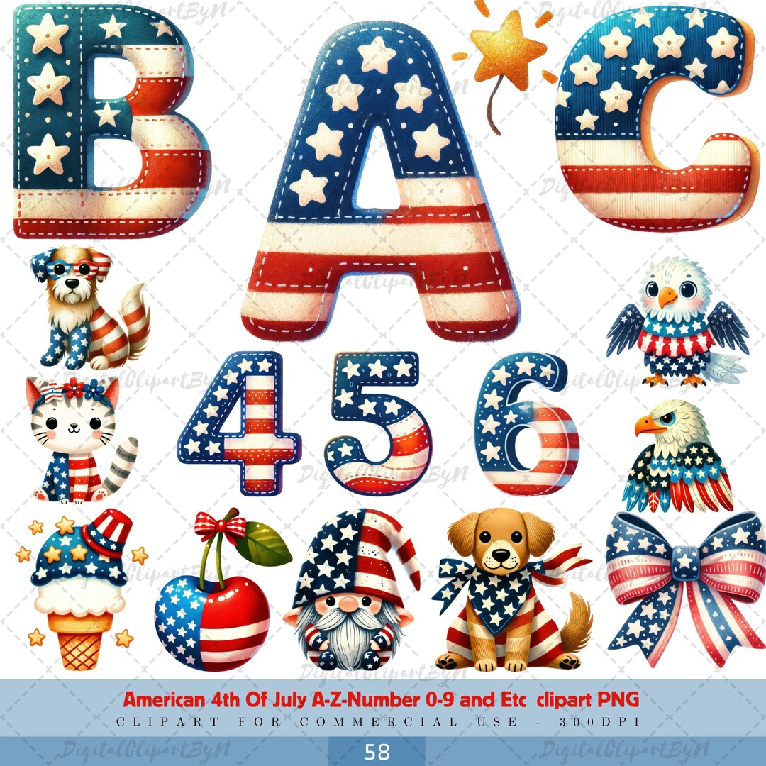 American 4th of July Clipart Alphabet A-Z Number 0-9 Bundle ...