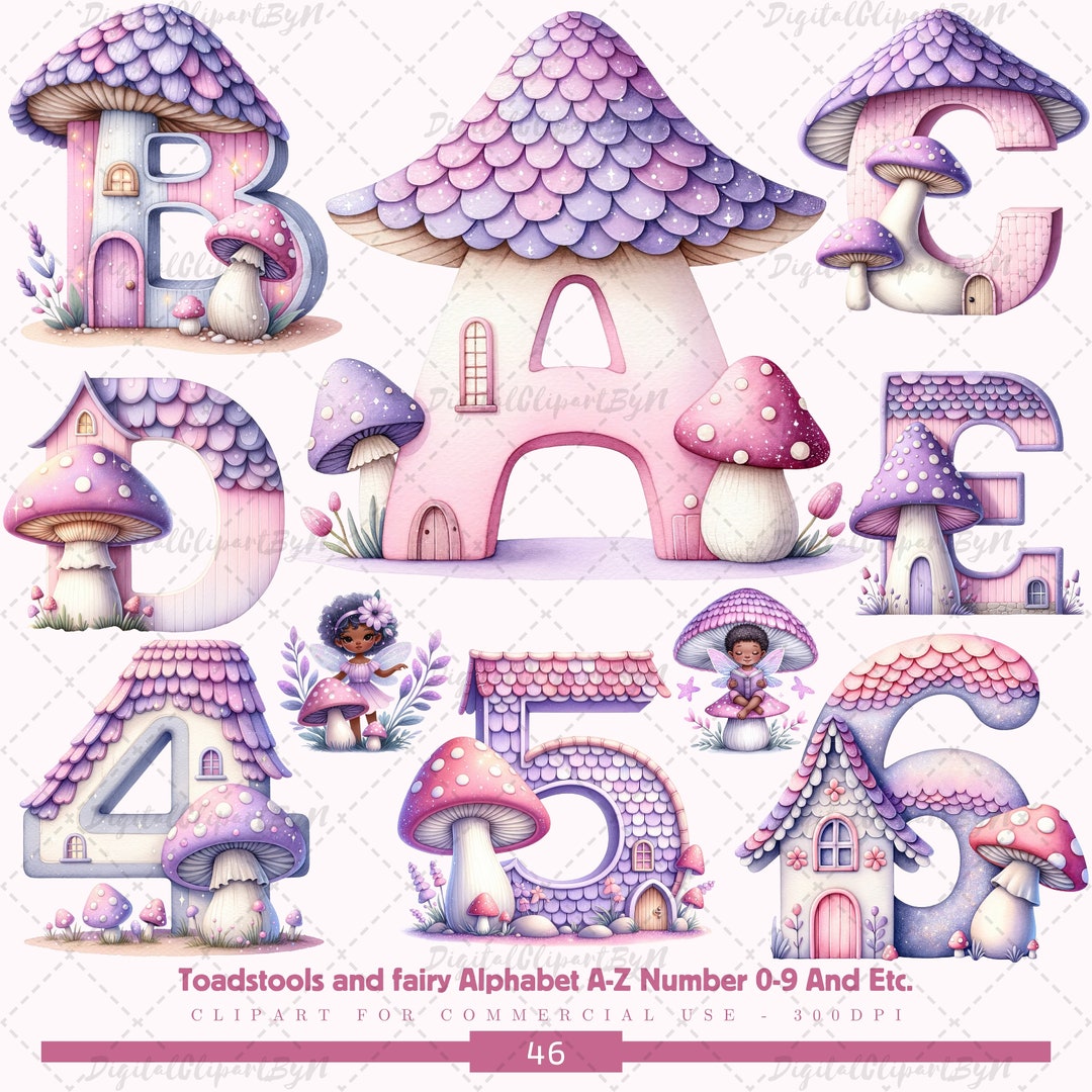 Toadstools and Fairy Alphabet A-Z Number 0-9 , Purple Toadstools Letter ...
