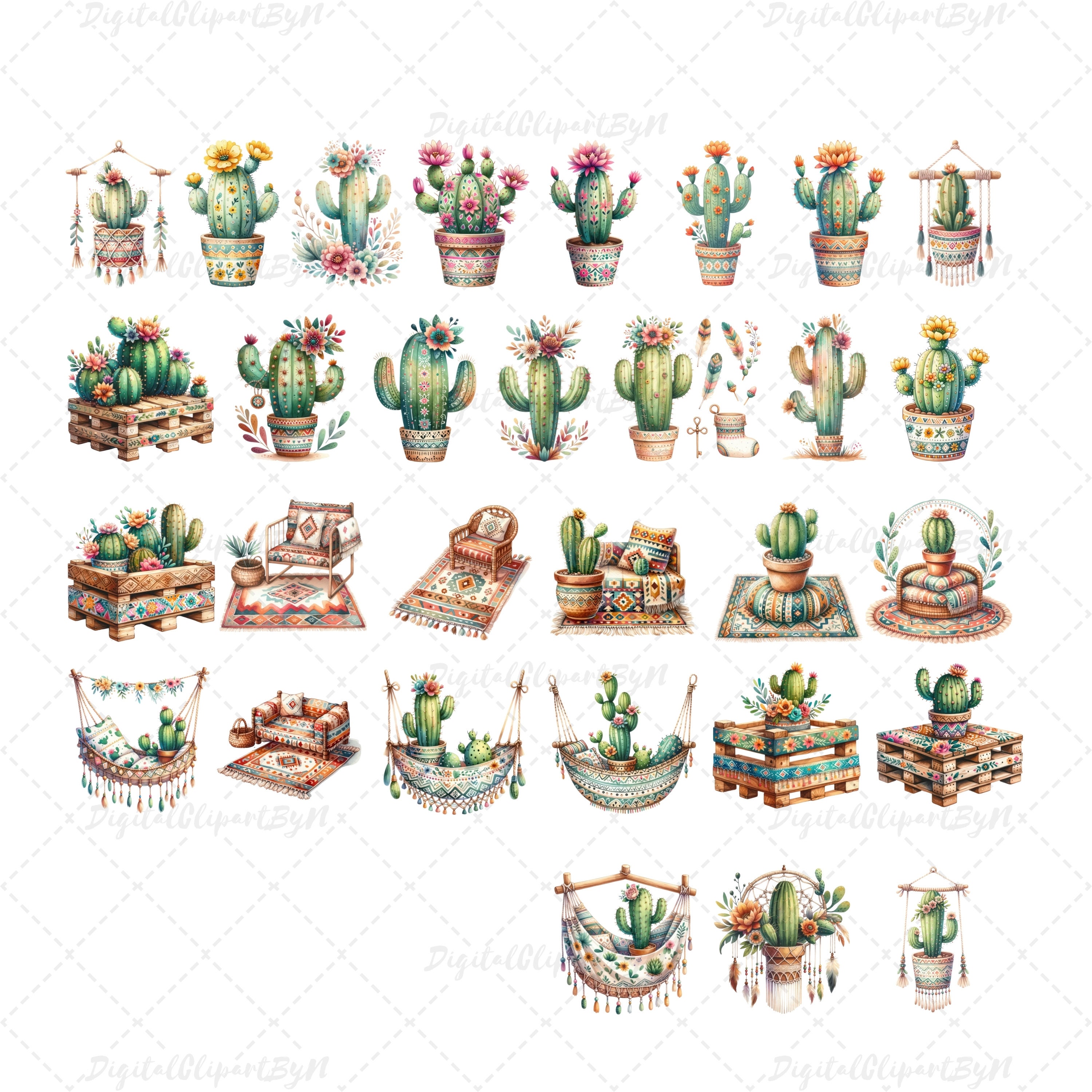 Watercolor Cactus Clip Art Bundle, Planner Cactus Decor, Bohemian ...